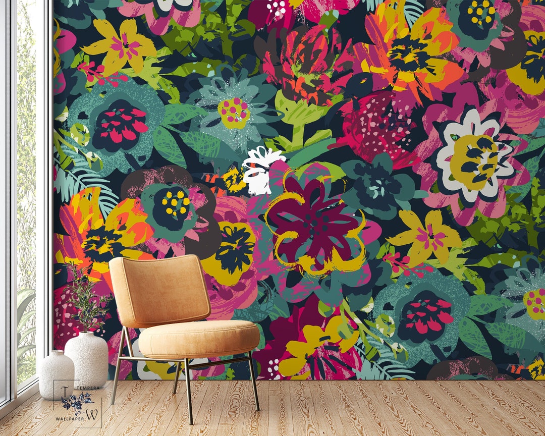 Bold Abstract Flower Wallpaper, Modern Abstract Mural, Colorful Floral ...