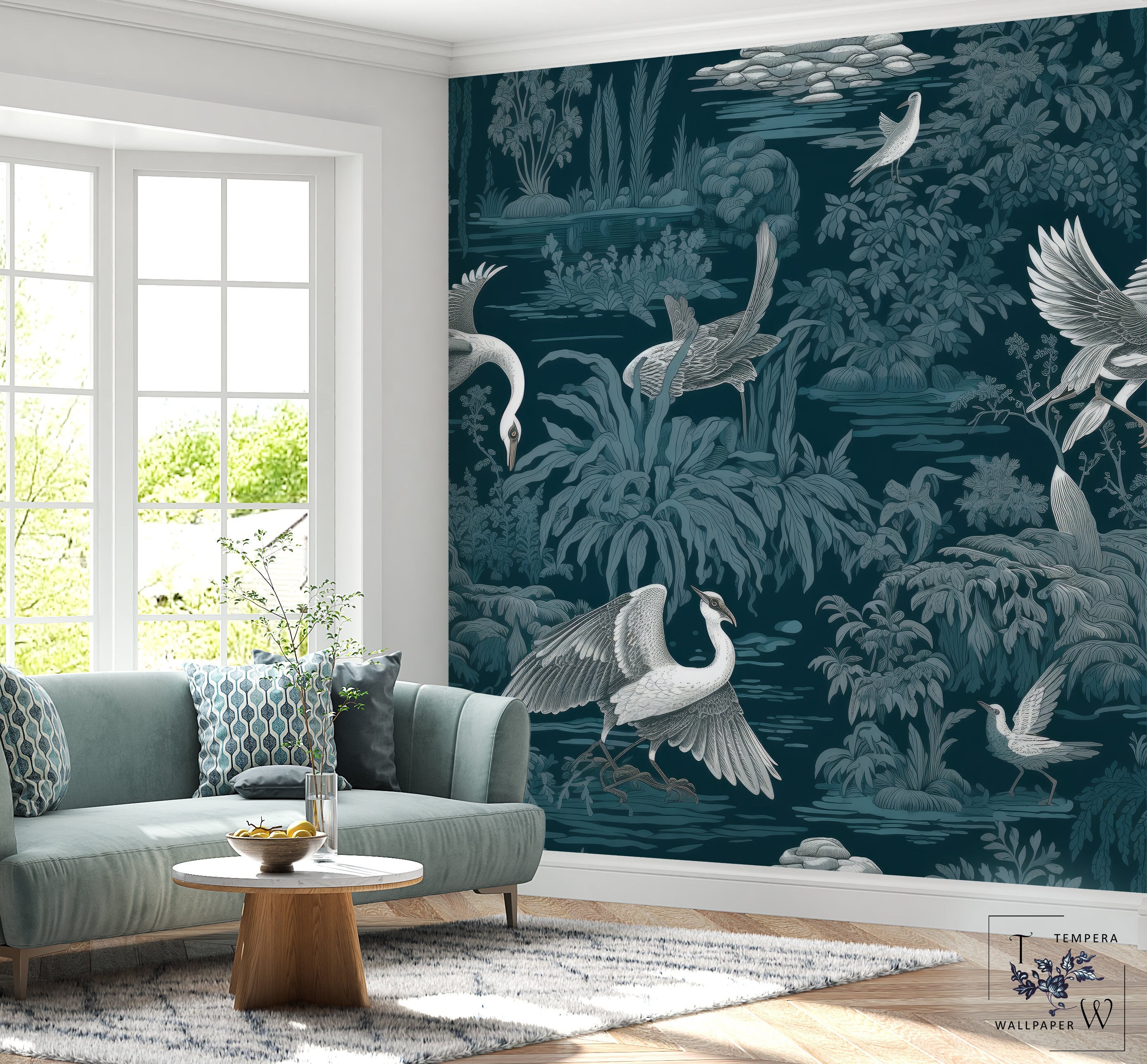 Bold Deep Blue Mural, Botanical Bule Wallpaper, Dark Bold Bule ...