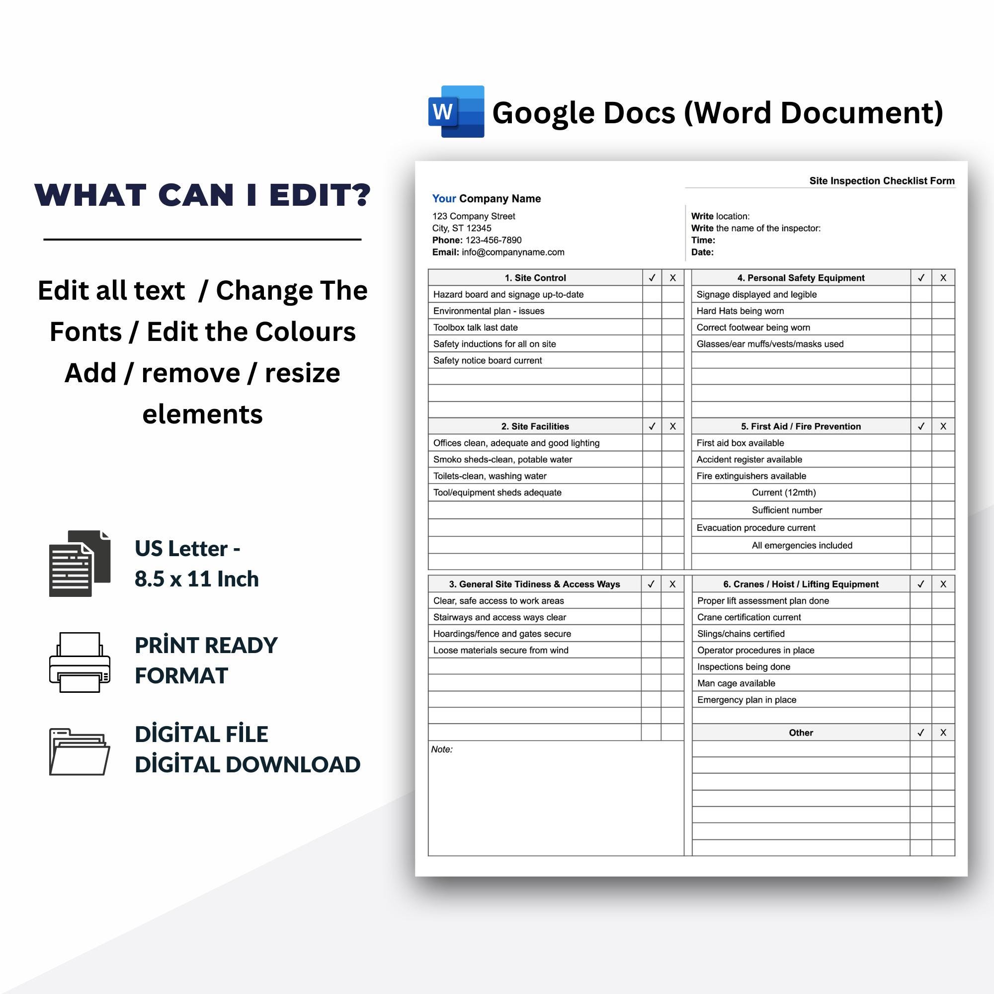 Construction Site Inspection Checklist Template - Etsy