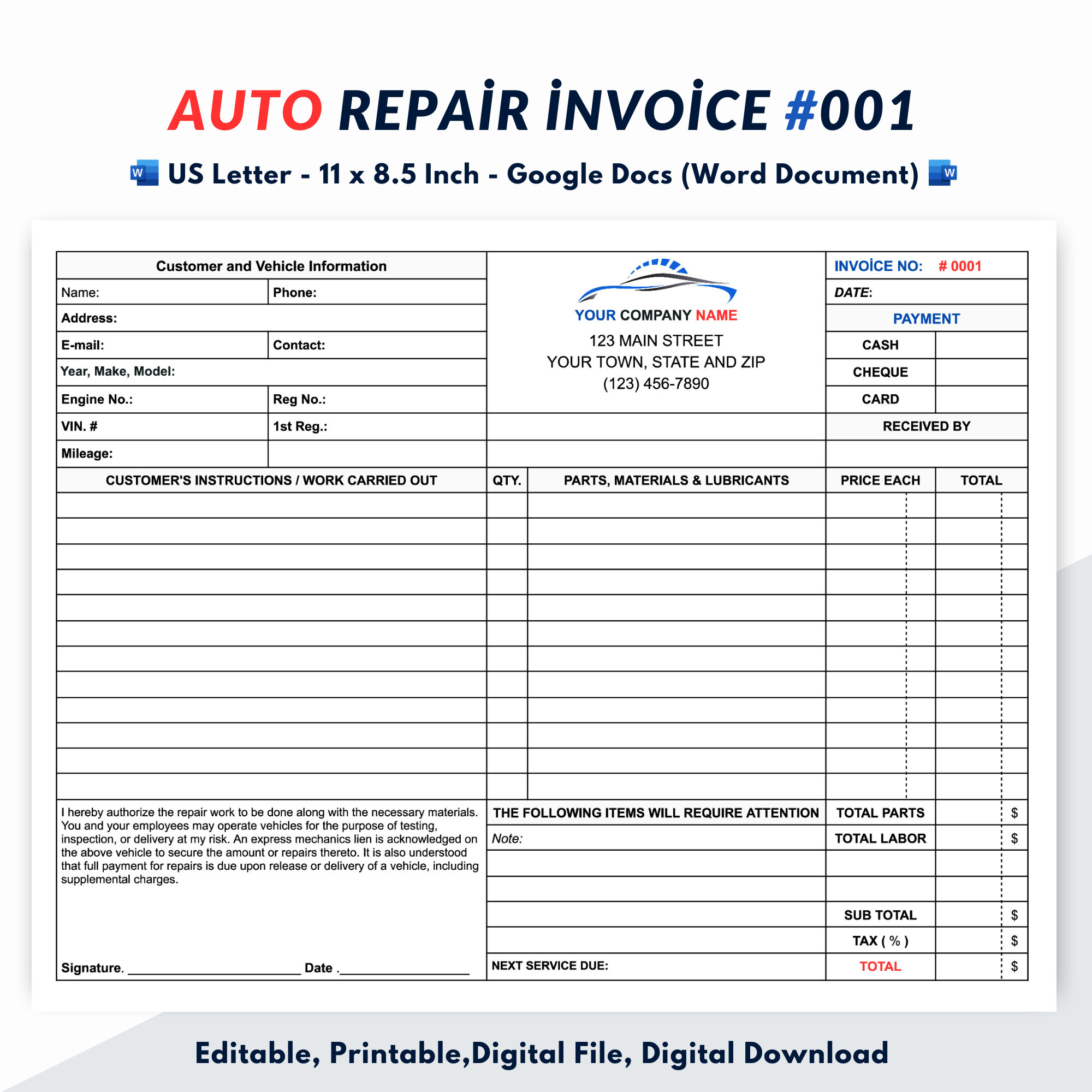 Auto Repair Invoice Template - Editable & Printable #001 - Etsy