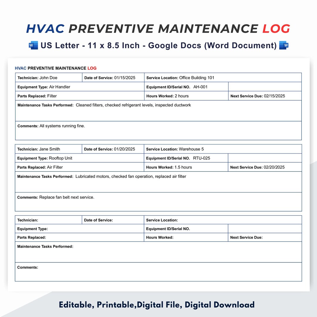 HVAC Preventive Maintenance Log Template, Google Docs (word Document ...