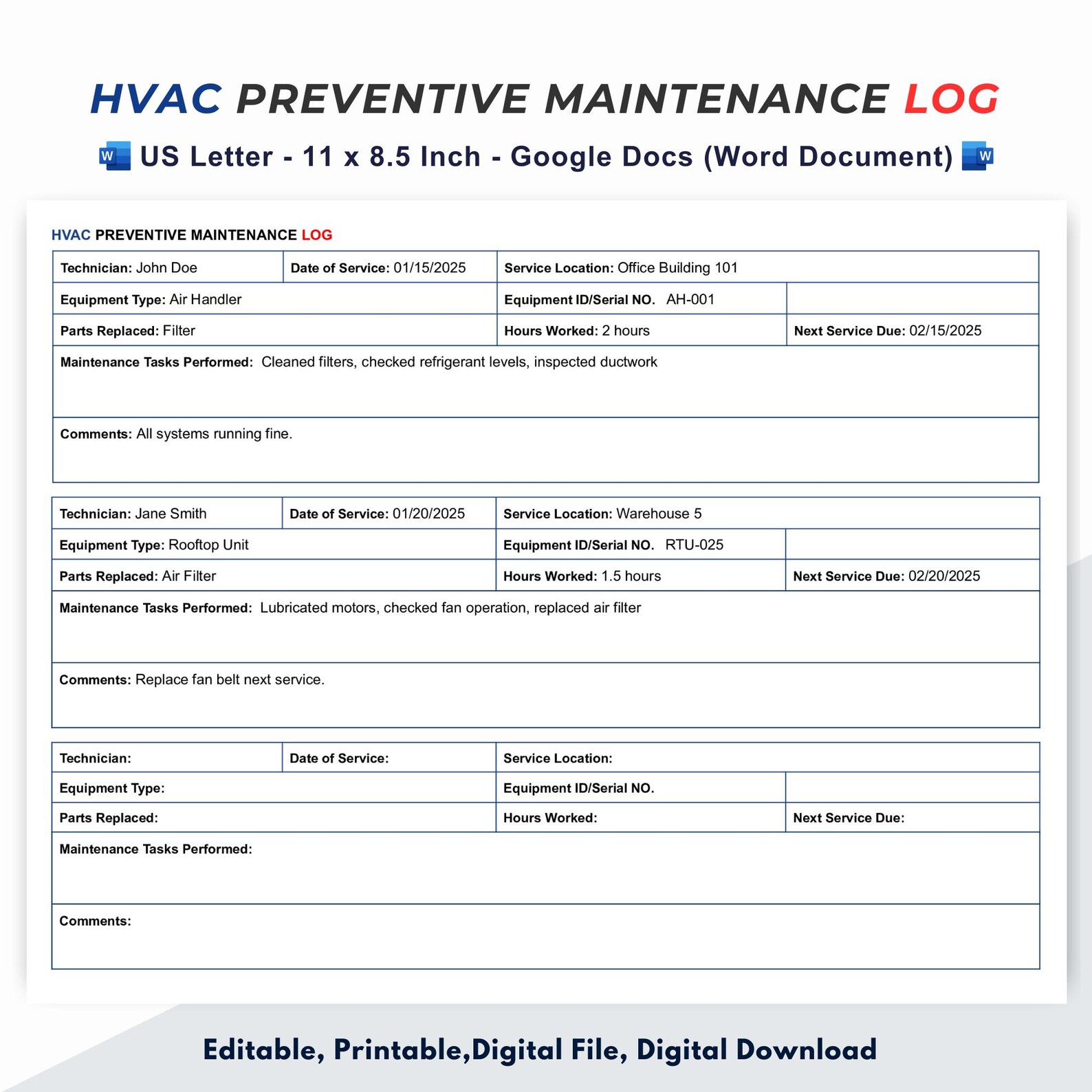 HVAC Preventive Maintenance Log Template, Google Docs (word Document ...