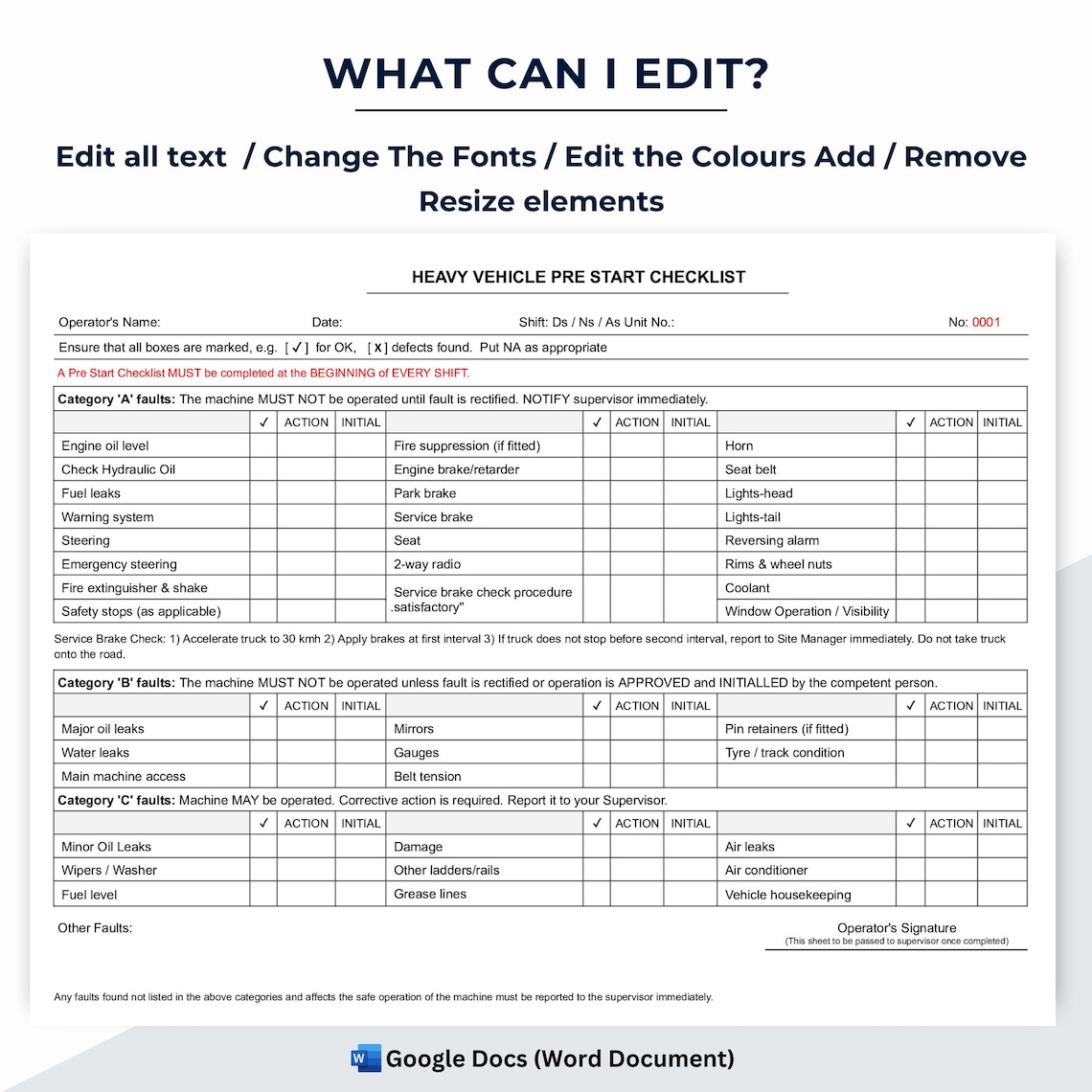 Heavy Vehicle Pre-start Checklist Template, Vehicle Pre-start Checklist ...