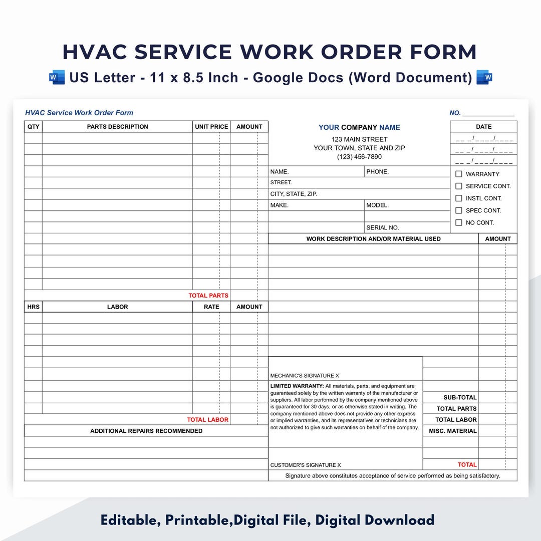 HVAC Service Work Order Form, HVAC Work Order Invoice Template - Etsy