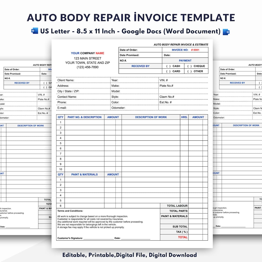 Auto Body Repair Invoice Template: Editable Google Docs (digital ...