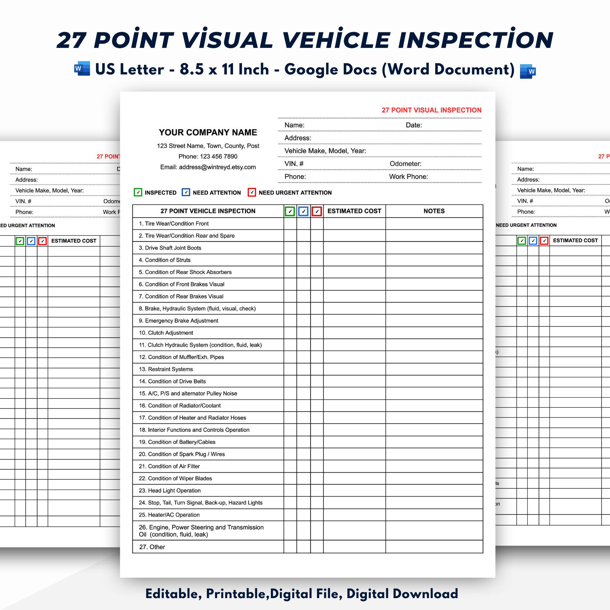 27-point Vehicle Inspection Report Template (printable PDF & Google ...