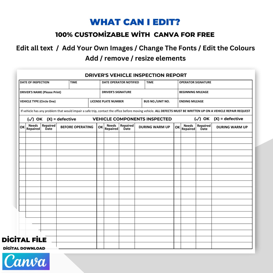 Driver's Vehicle Inspection Report Template - Daily Pre-trip Inspection ...