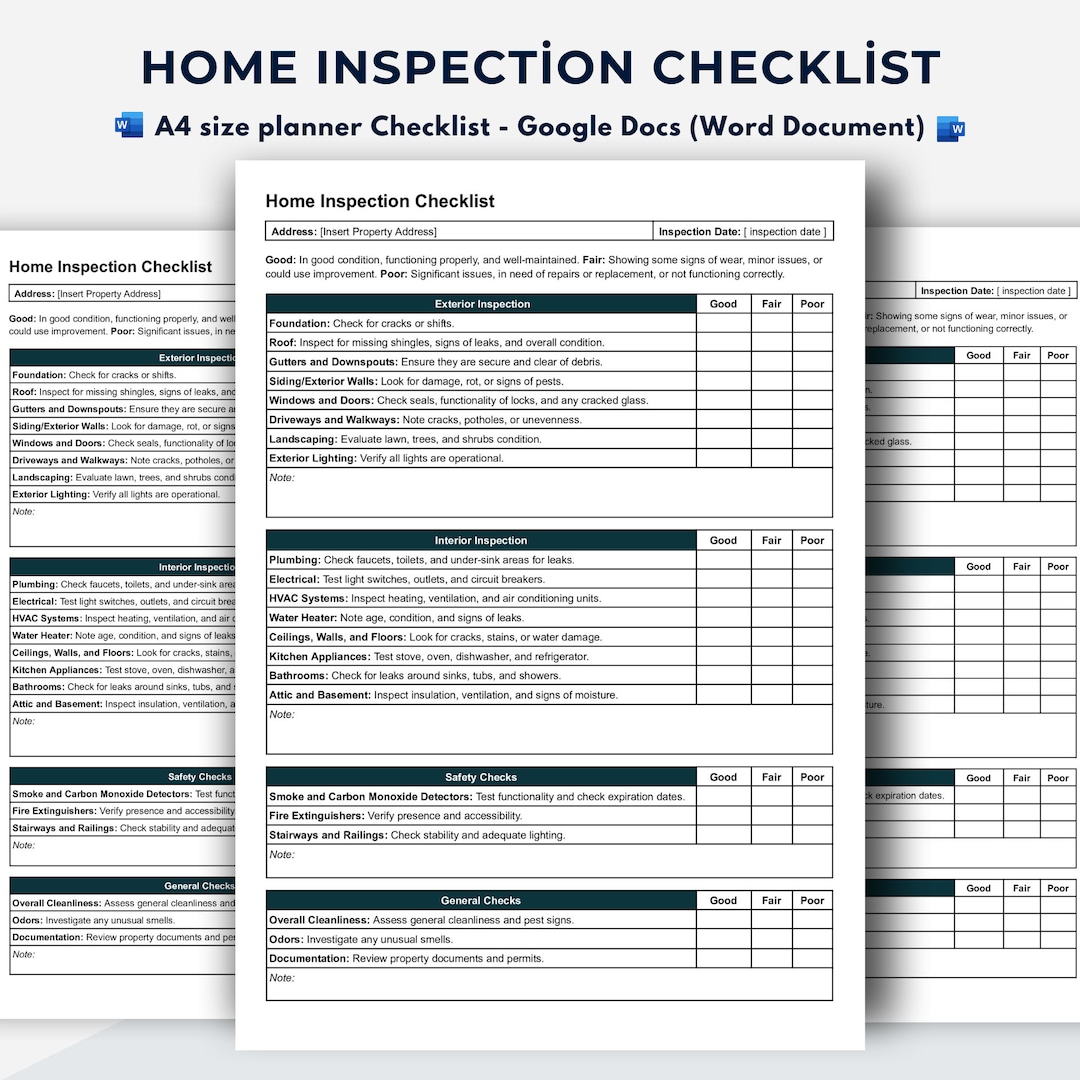 Home Inspection Checklist Template, Google Docs (word Document) - Etsy