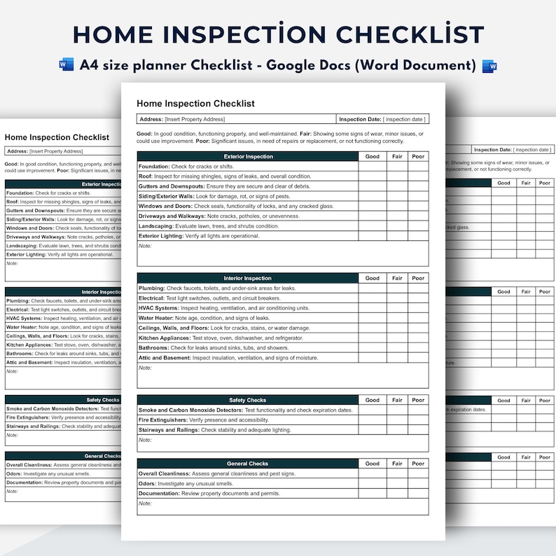 Home Inspection Checklist Template, Google Docs (word Document) - Etsy