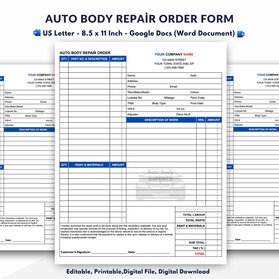 Auto Body Repair Order Form, Editable Auto Body Repair Orders Template ...