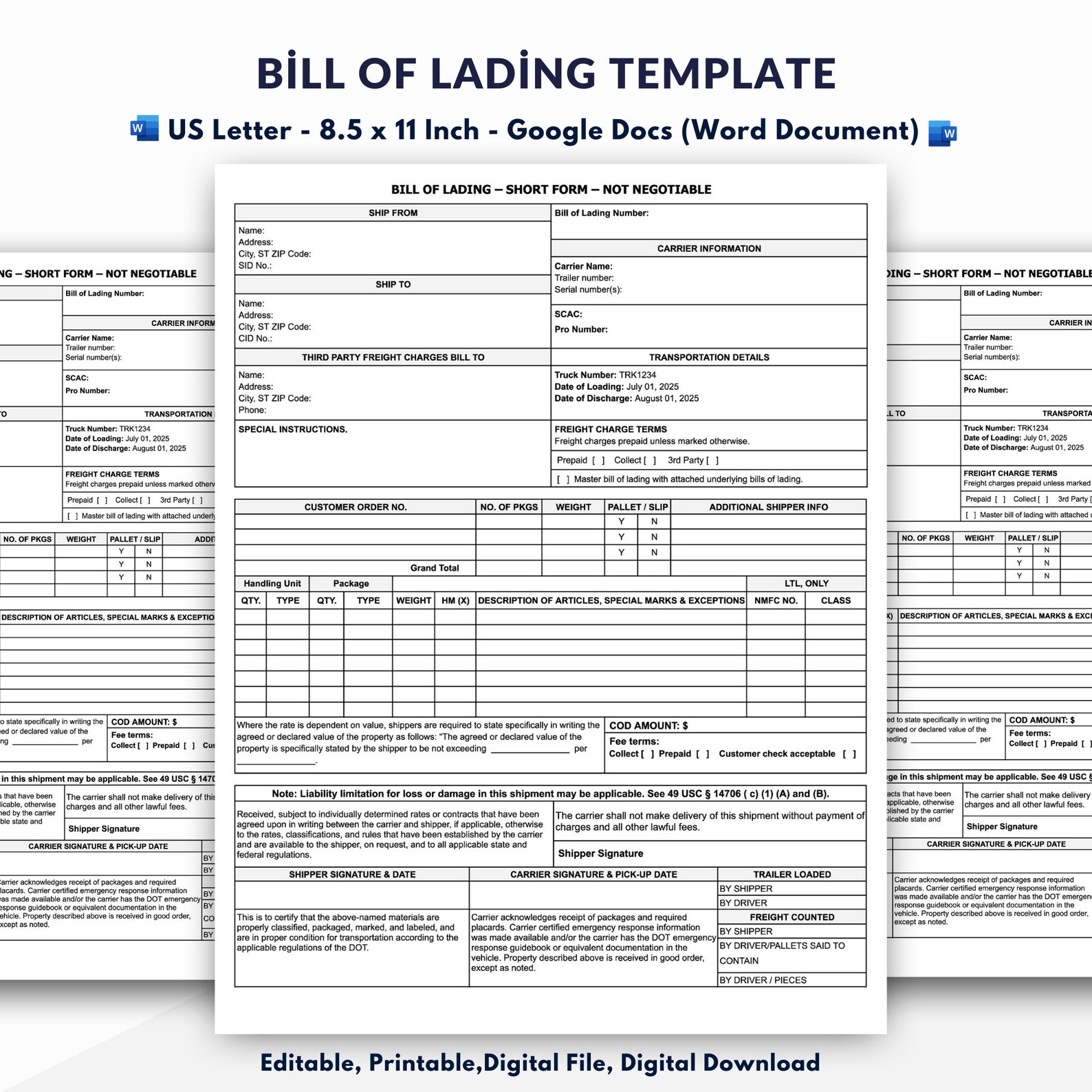 Bill of Lading Template, Google Docs (word Document) - Etsy