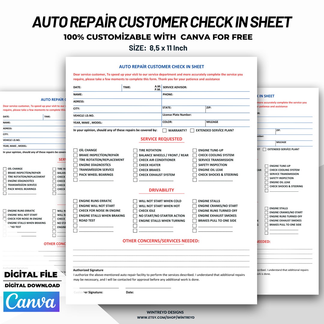 Pre-service Check-in Form, Auto Repair Customer Check-in Sheet Template ...