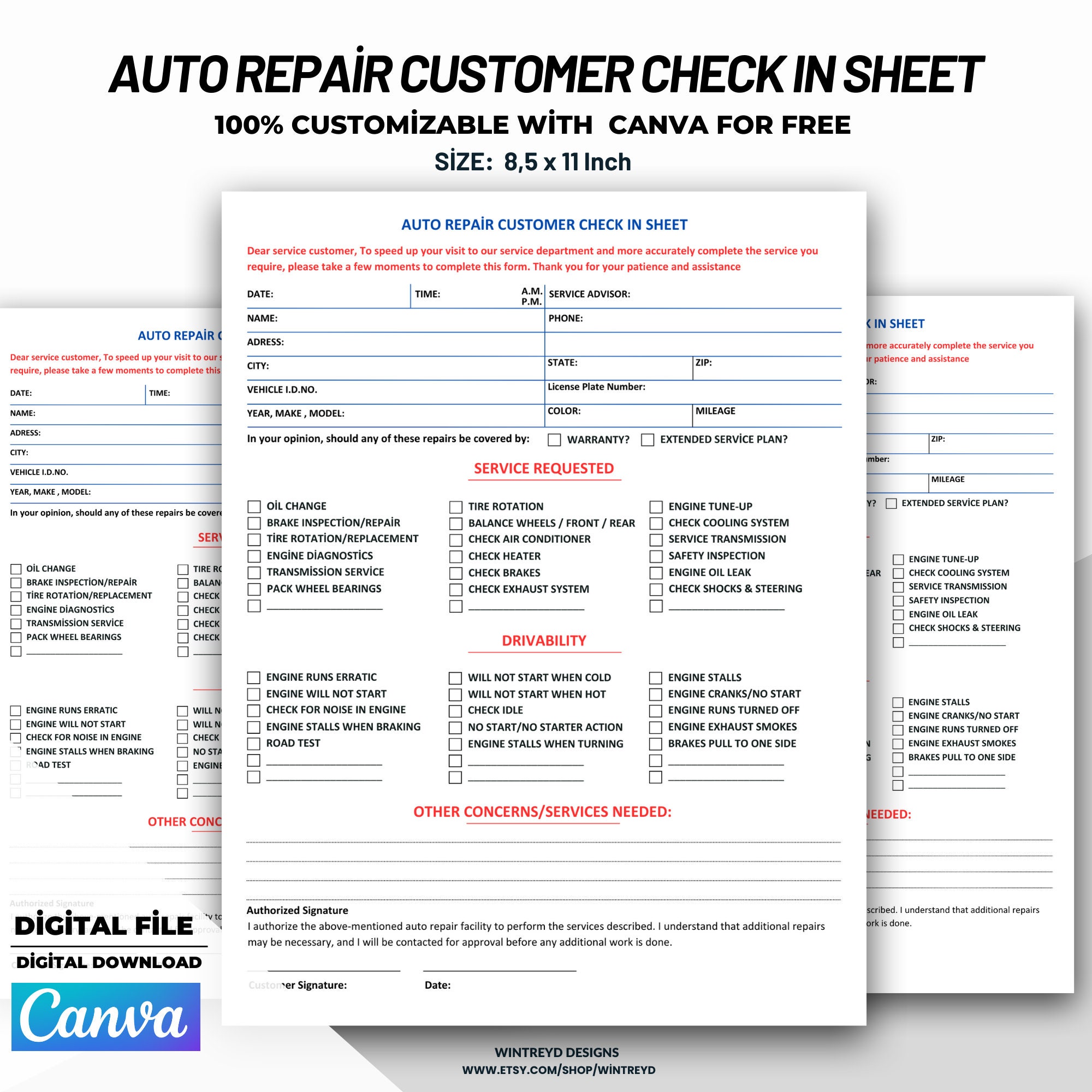 Pre-service Check-in Form, Auto Repair Customer Check-in Sheet Template ...