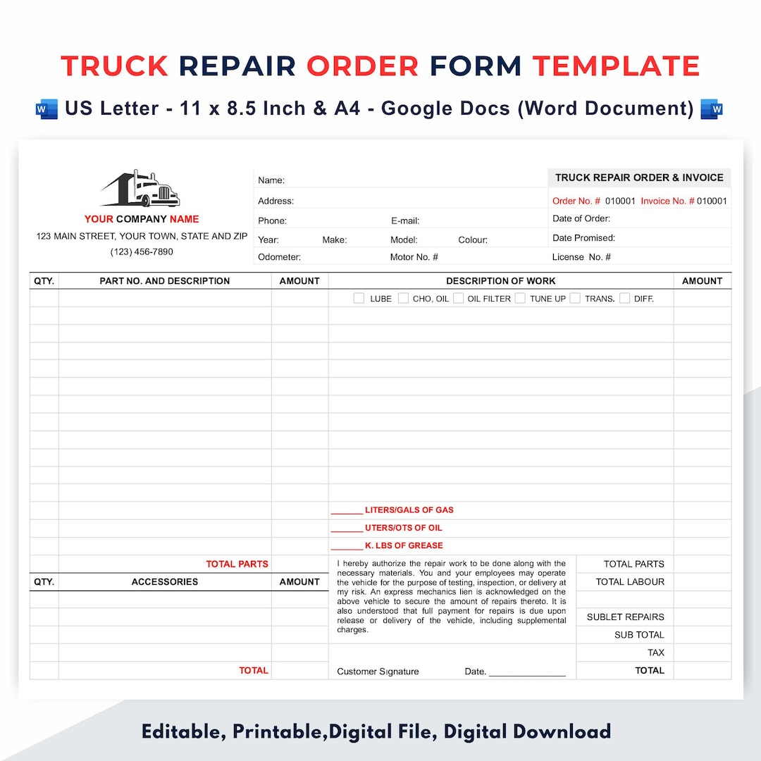 Truck Repair Order Form Template: Google Docs, Printable PDF - Etsy