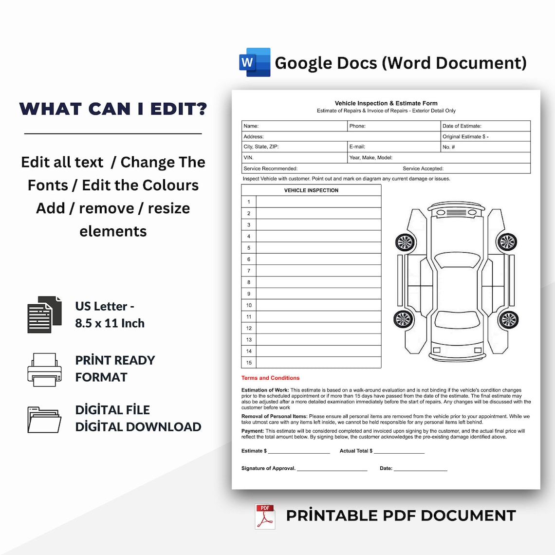 Vehicle Inspection Form: Exterior Detail Estimate (google Docs & PDF ...
