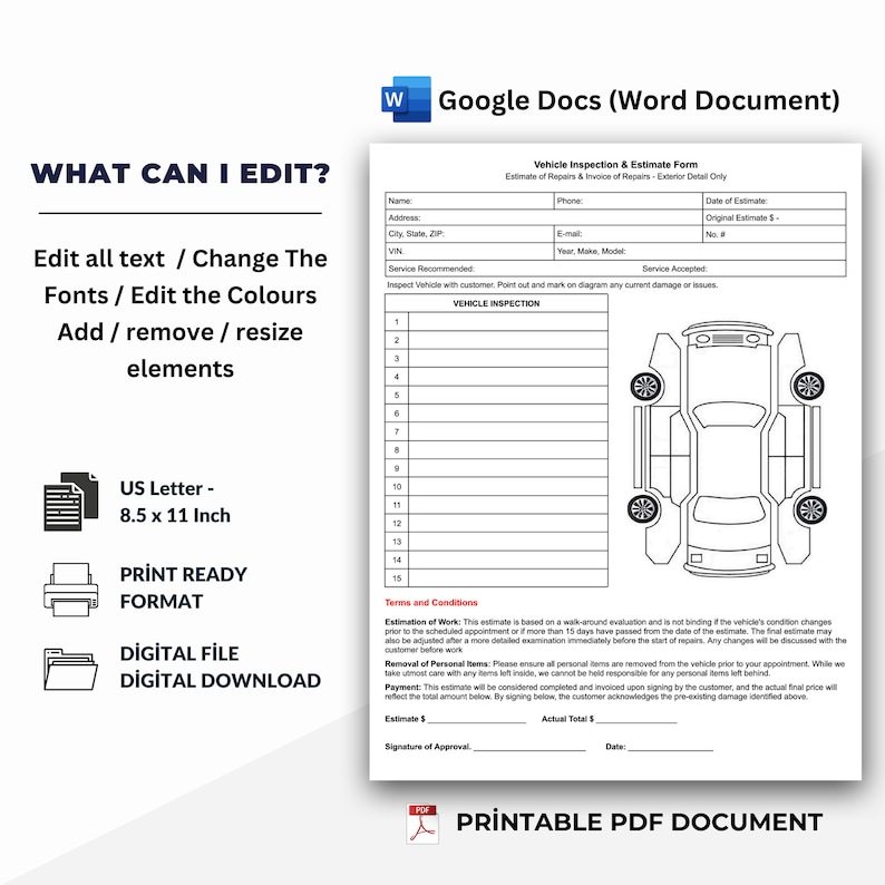 Vehicle Inspection and Estimate Form, Vehicle Inspection Report ...