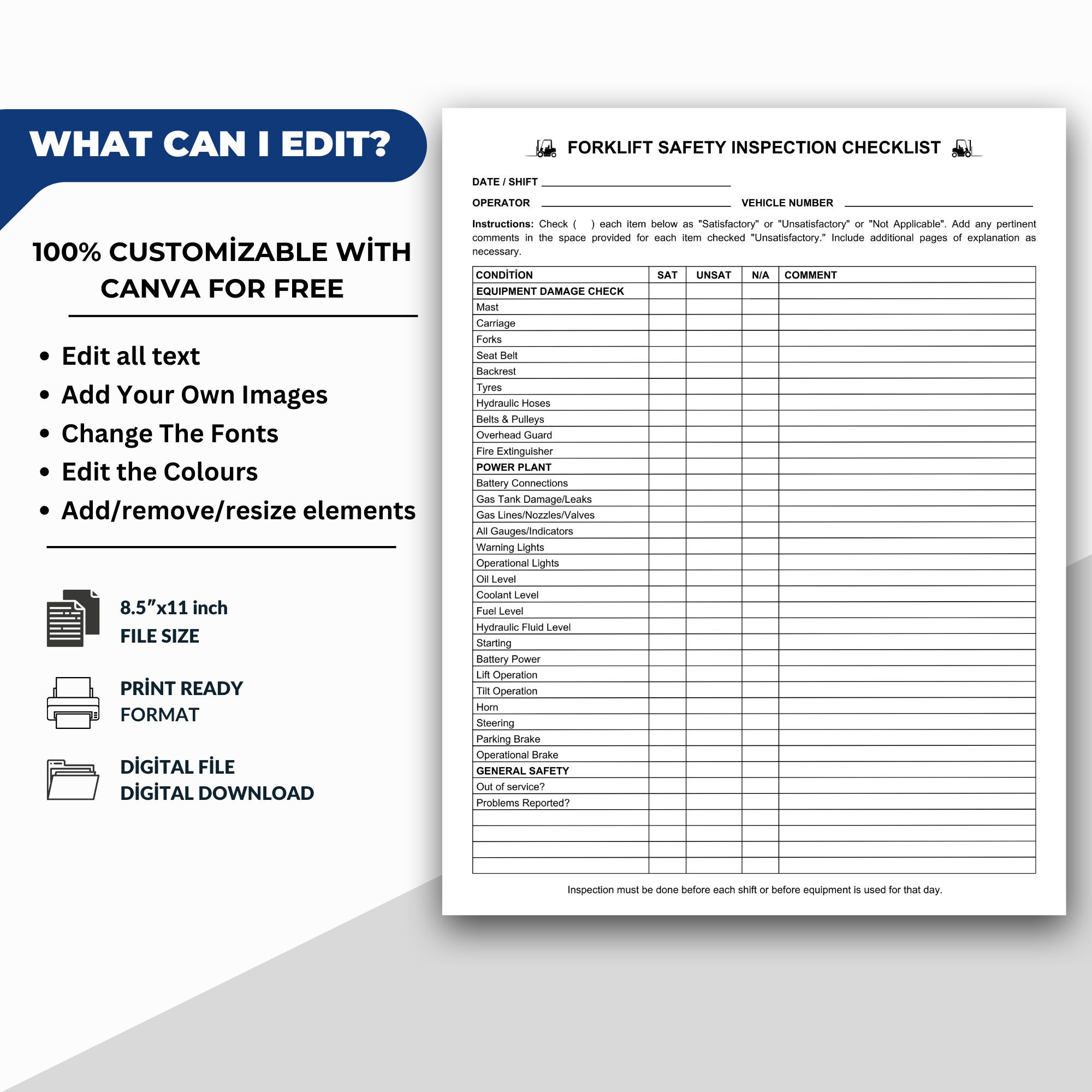 Forklift Safety Inspection Checklist Template Digital Download - Etsy ...