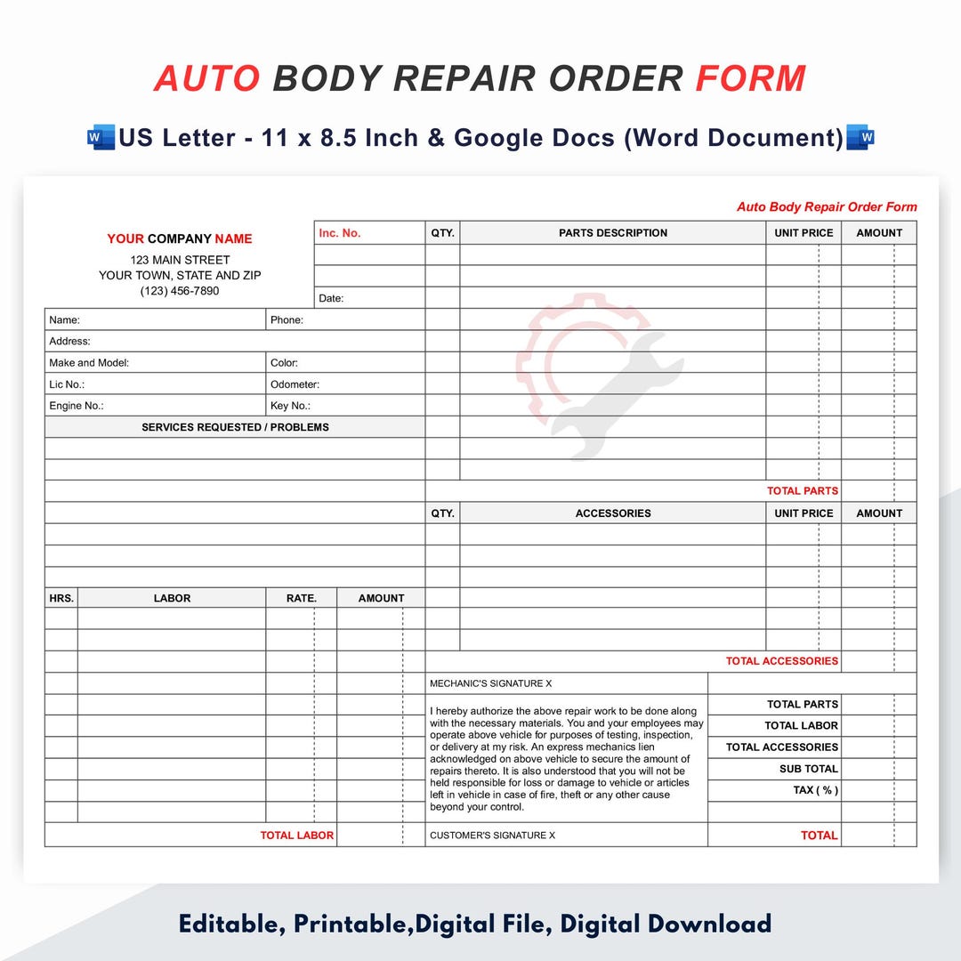 Auto Body Repair Order Form, Repair Work Order and Invoice Form - Etsy