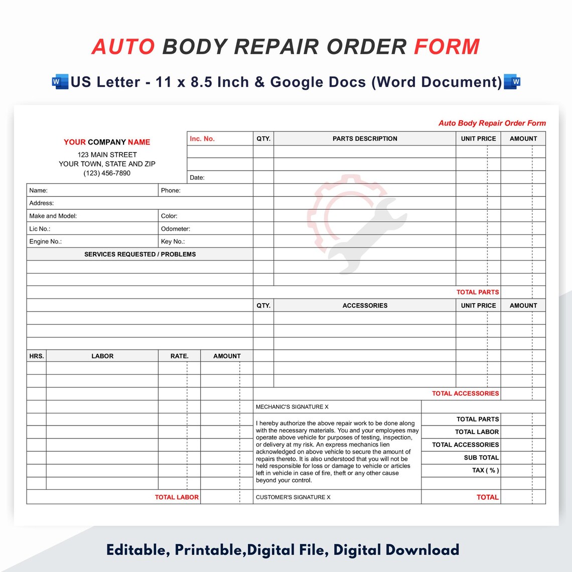 Auto Body Repair Order Form, Repair Work Order and Invoice Form - Etsy