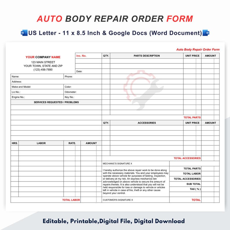 Auto Body Repair Order Form: Editable Invoice (digital Download) - Etsy