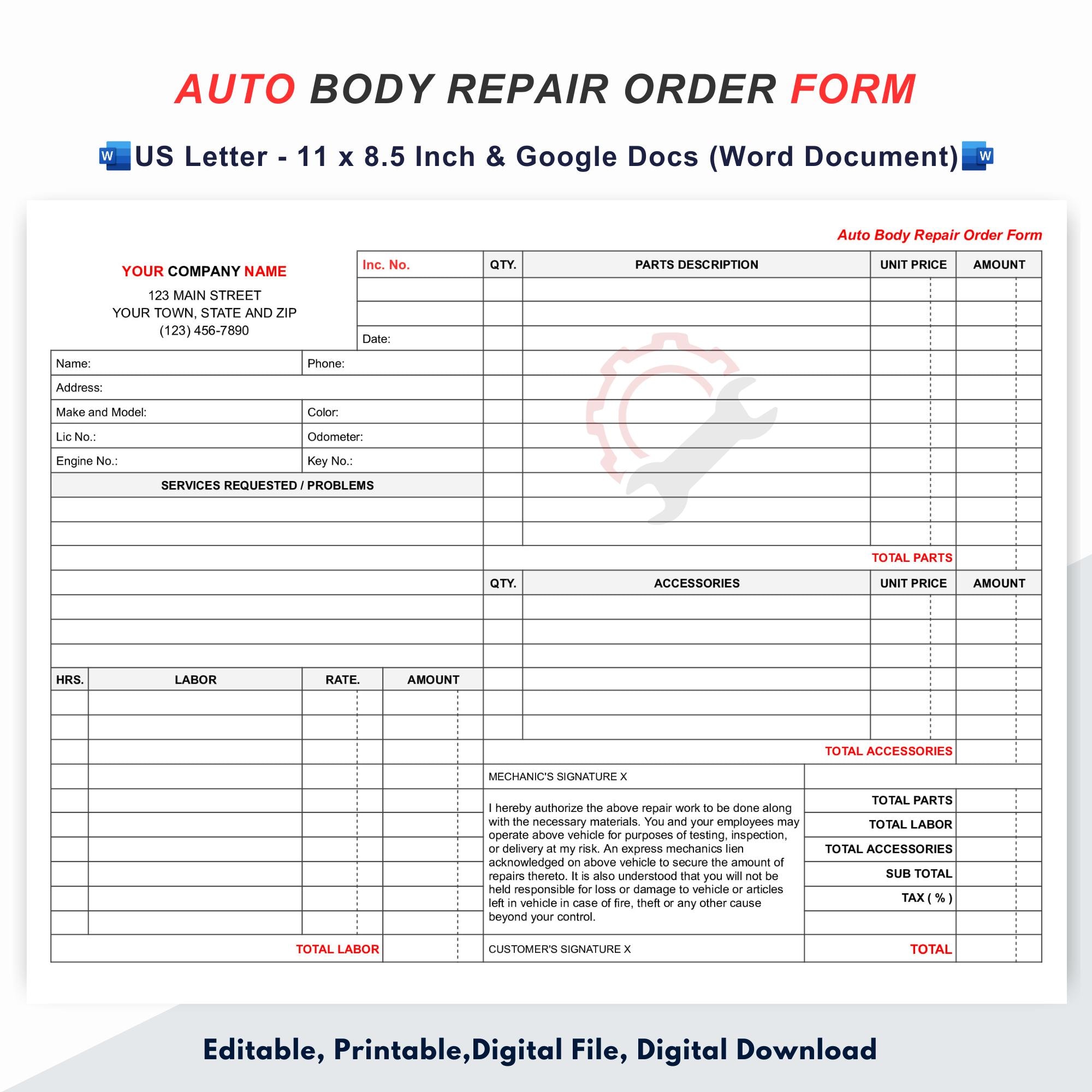 Auto Body Repair Order Form, Repair Work Order and Invoice Form - Etsy