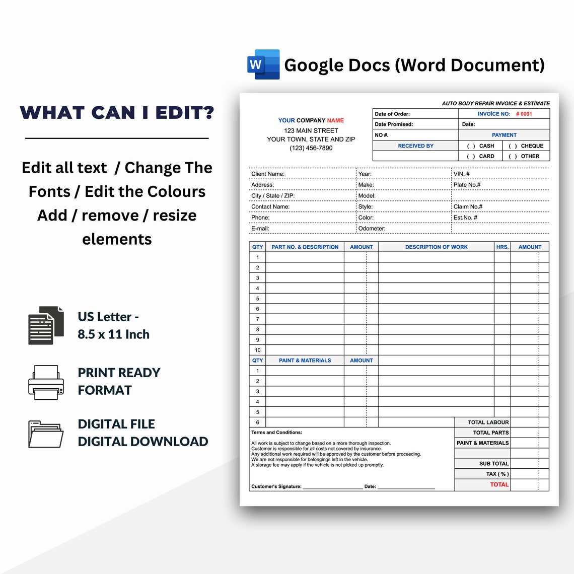 Auto Body Repair Invoice Template: Editable Google Docs (digital Download) - Etsy
