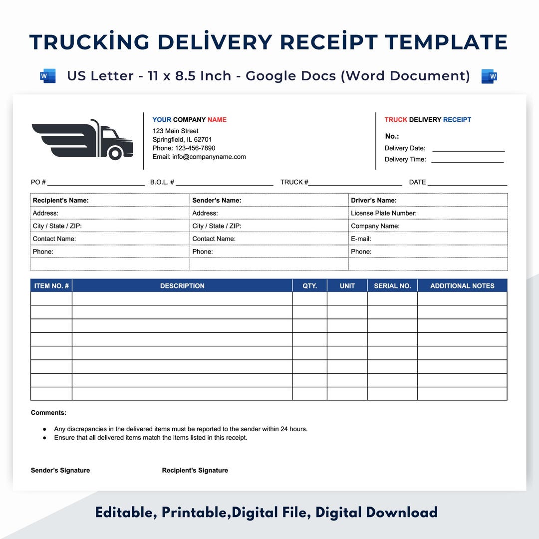 Trucking Delivery Receipt, Google Docs (word Document) - Etsy