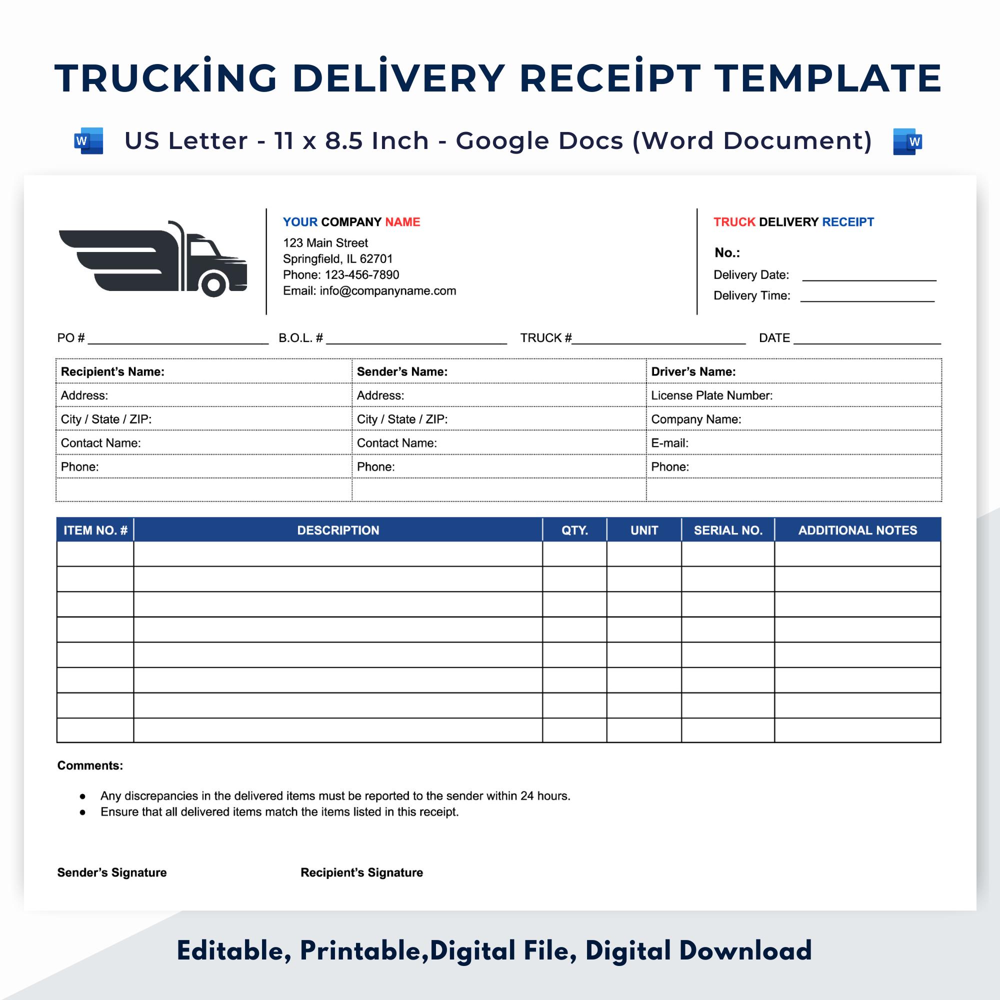 Trucking Delivery Receipt, Google Docs (word Document) - Etsy