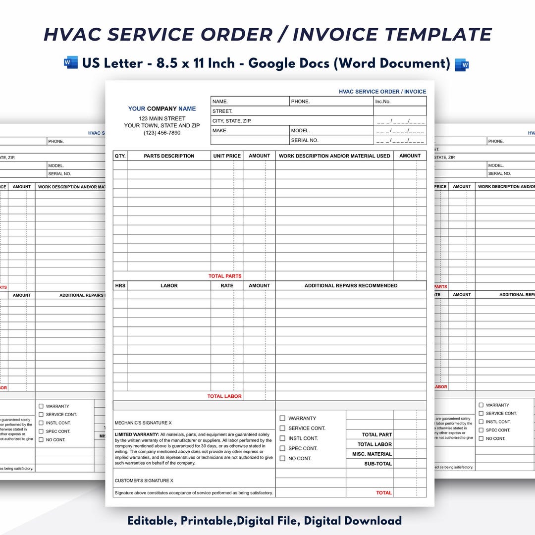 HVAC Service Order Invoice Template: US Letter (digital Download) - Etsy