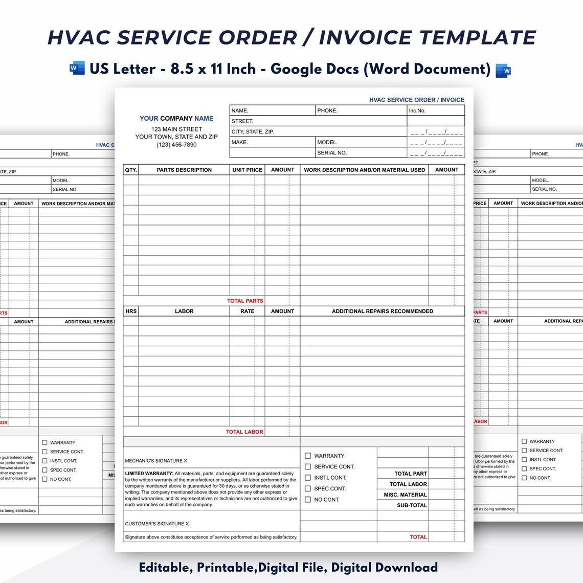 HVAC Service Order Invoice Template, HVAC Work Order Form - Etsy
