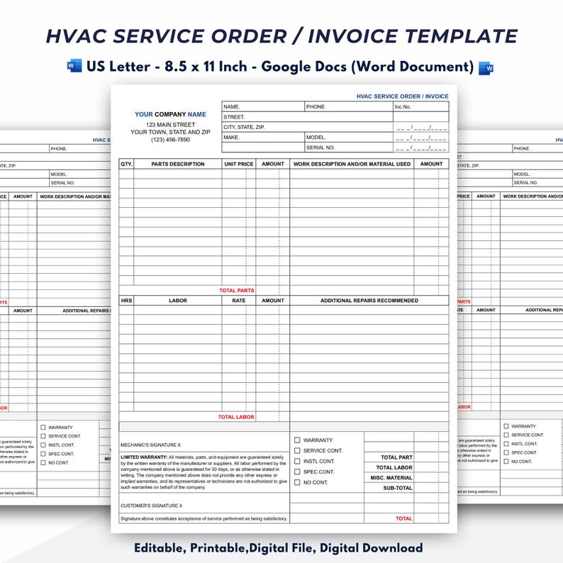 HVAC Service Order Invoice Template, HVAC Work Order Form - Etsy