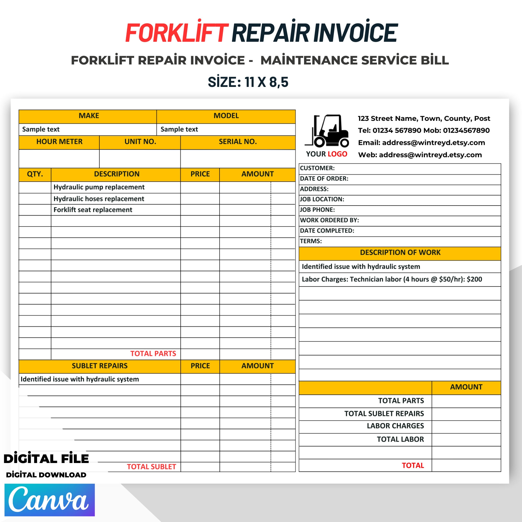 Forklift Repair Invoice Maintenance Service Bill Template - Etsy