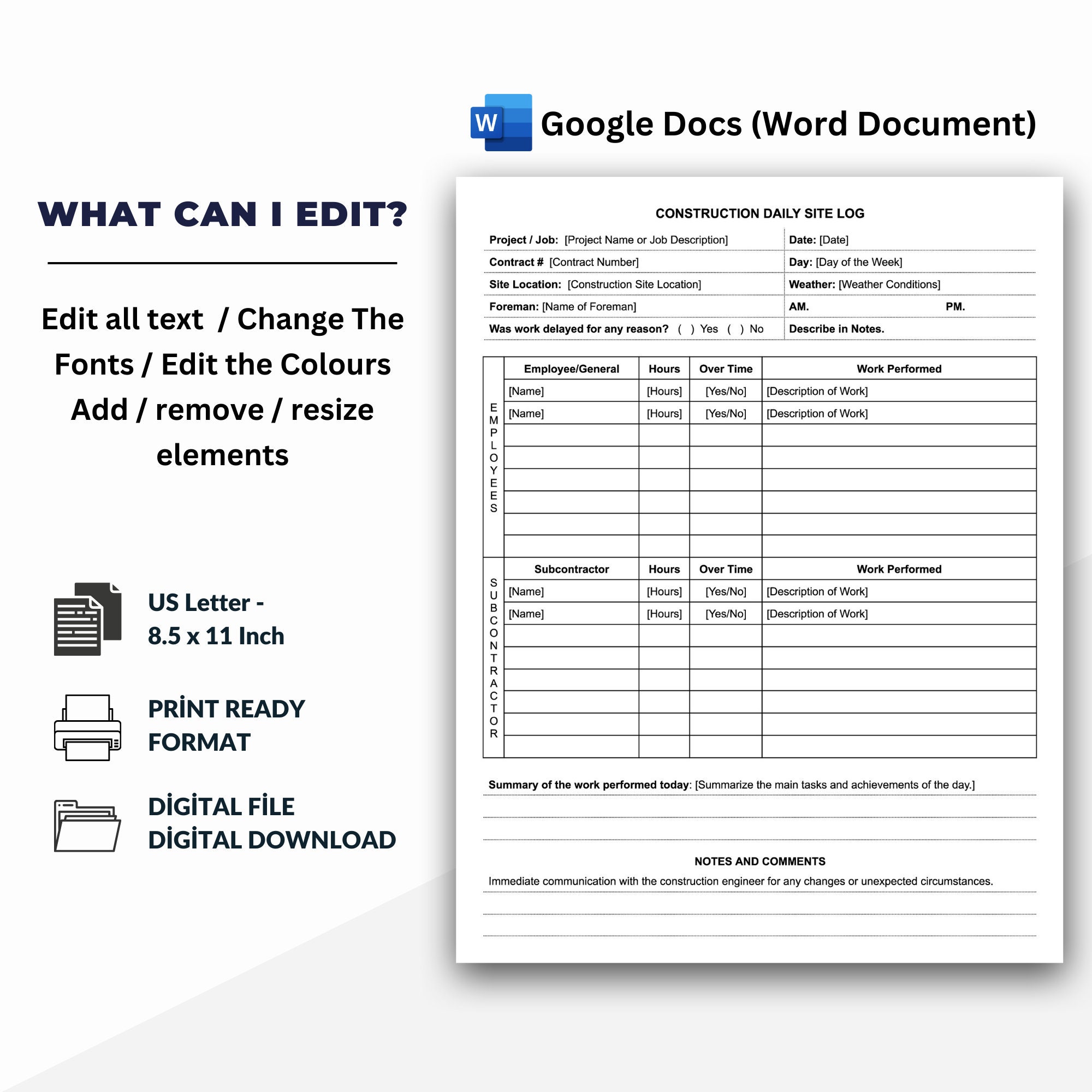Construction Daily Site Log, Job Site Project Management Report ...