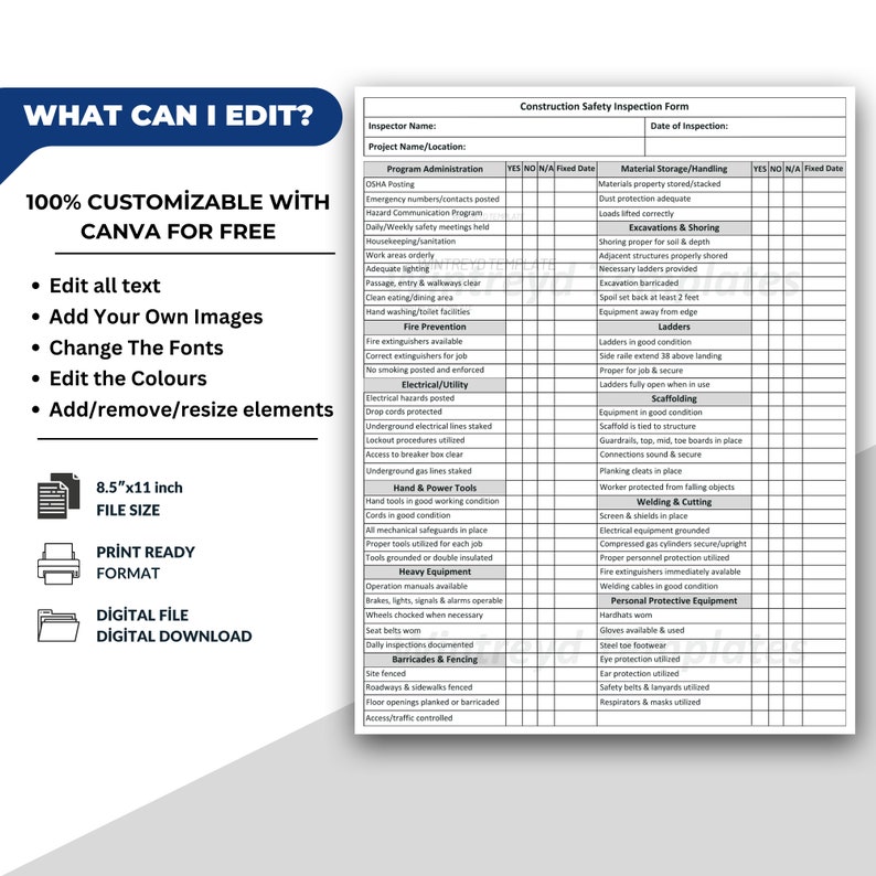 Construction Safety Inspection Form Workplace Safety Checklist - Etsy