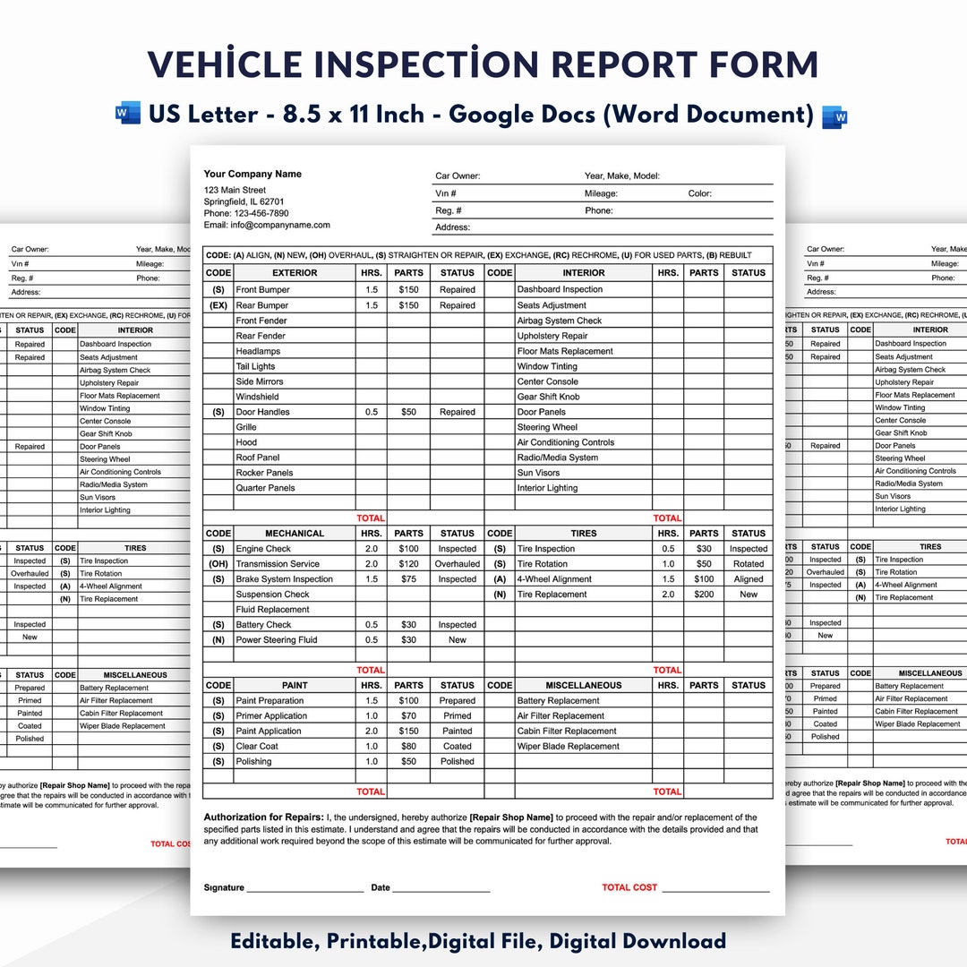 Vehicle Inspection Report Form, Repair Estimate Checklist Form Template ...