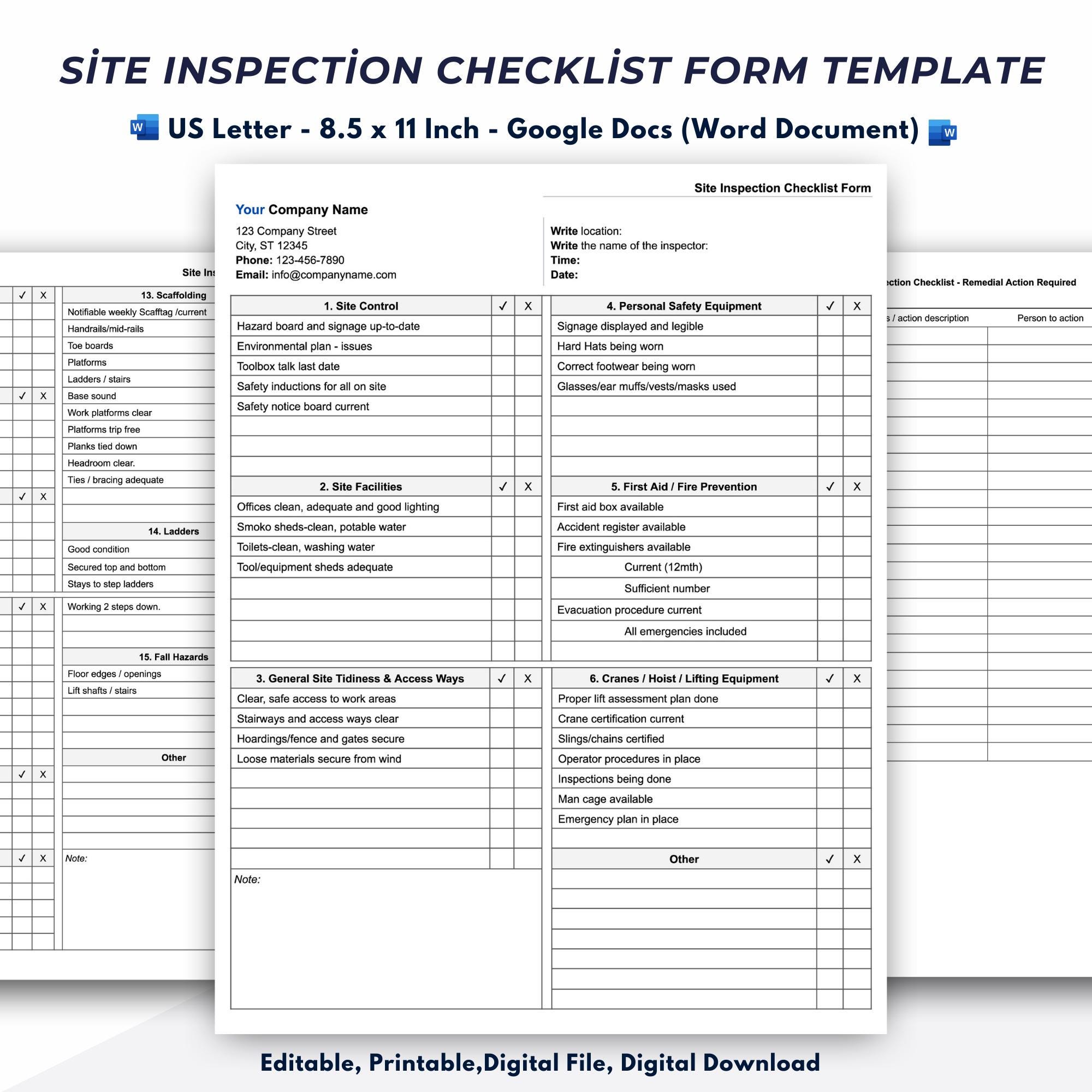 Construction Site Inspection Checklist Form Template, Site Inspection ...