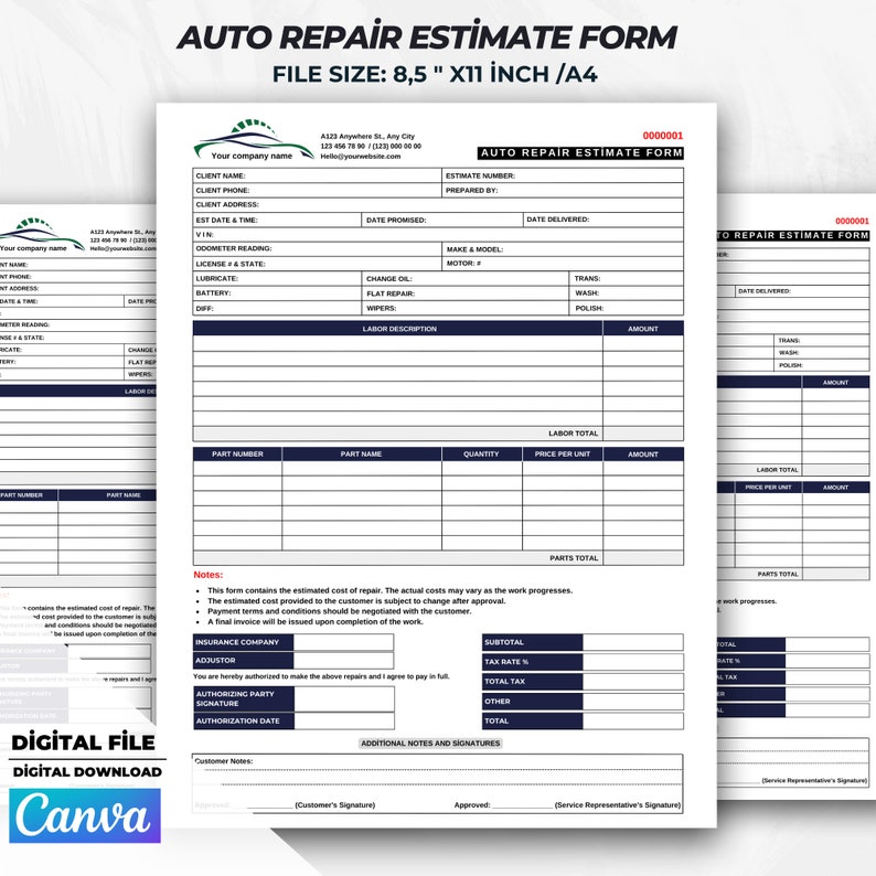 Auto Repair Estimate Form Car Repair Estimate Form Repair - Etsy