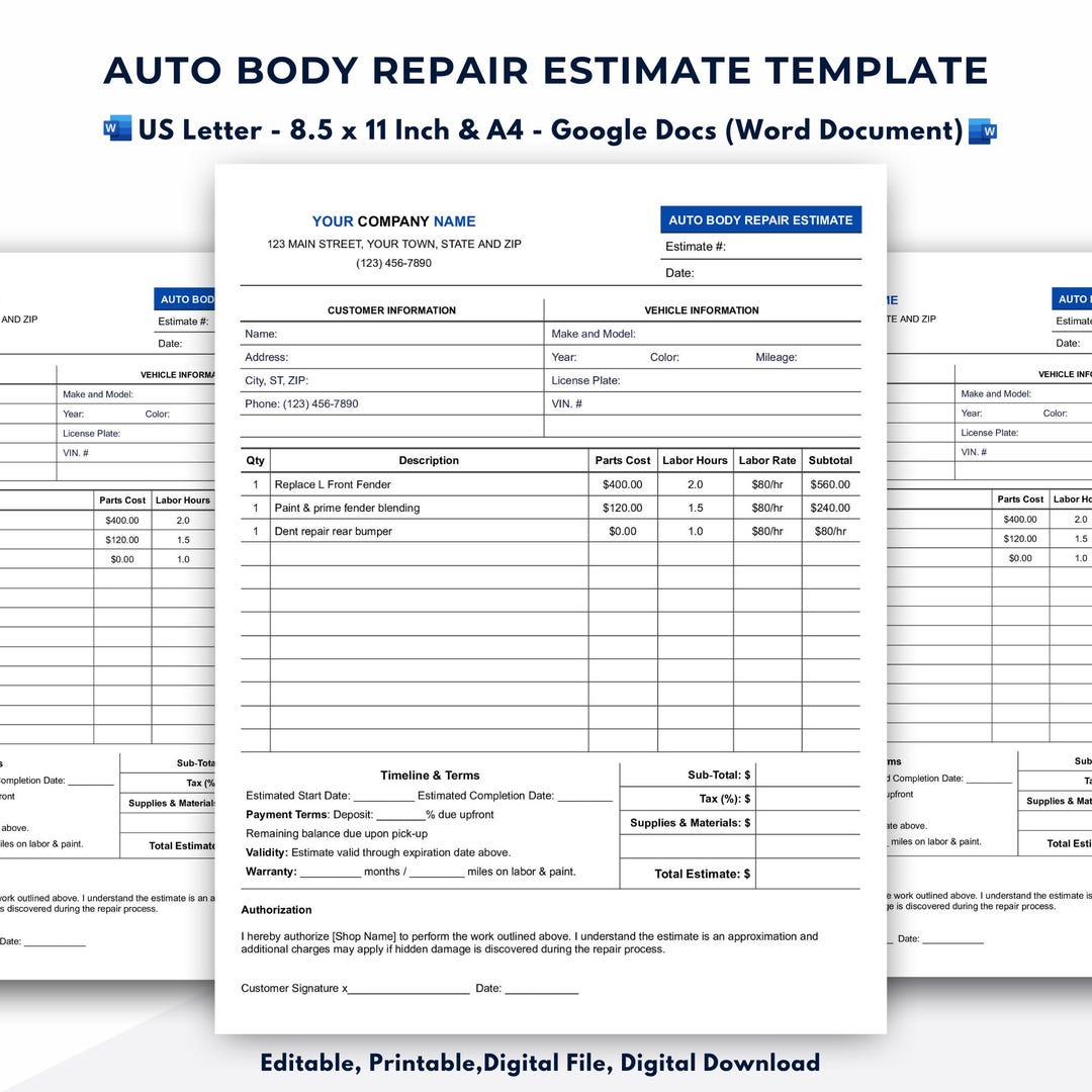 Editable Auto Body Repair Estimate Template, Printable Body Shop Form ...