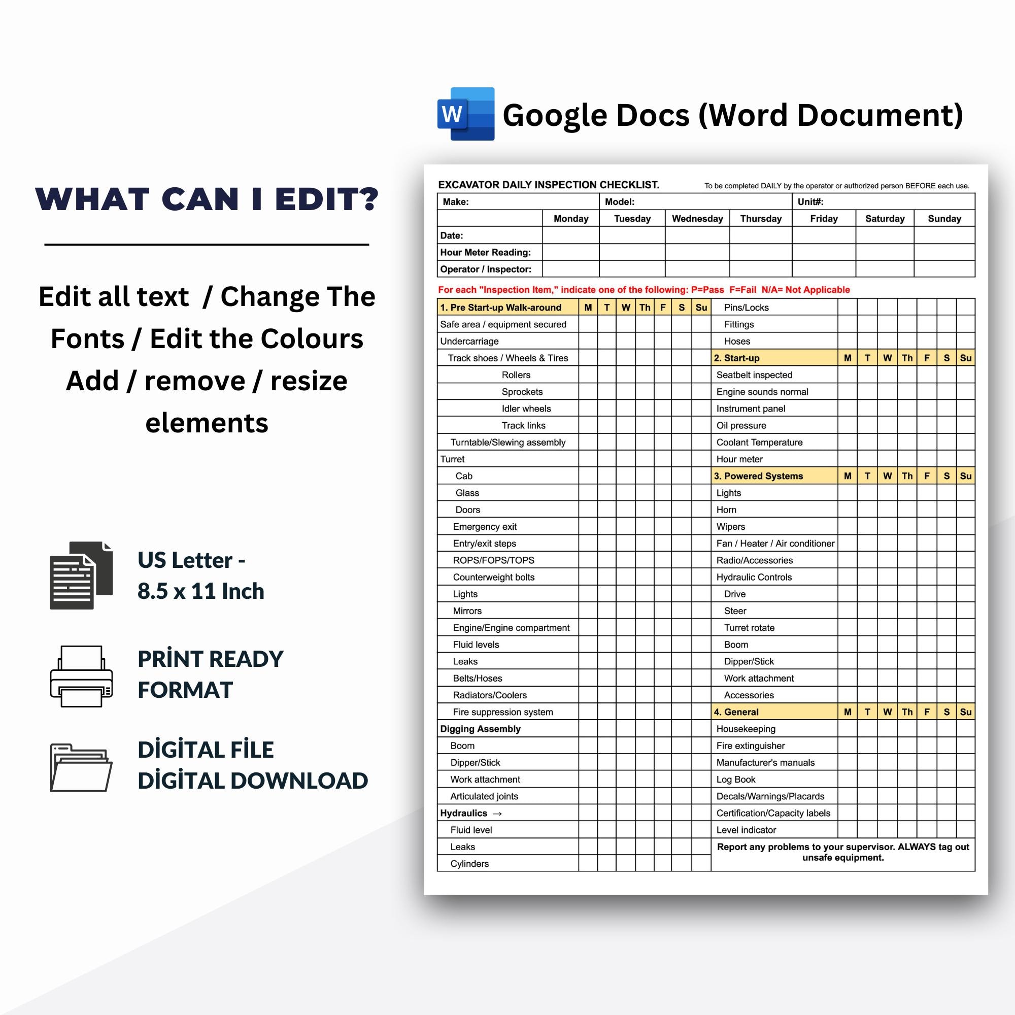 Excavator Daily Inspection Checklist Template - Etsy