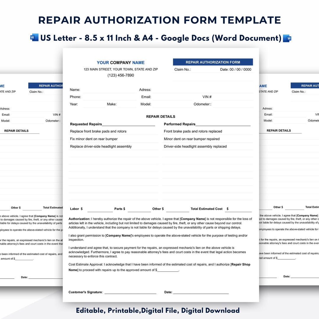 Repair Authorization Form Template, Editable Automotive Service Consent ...