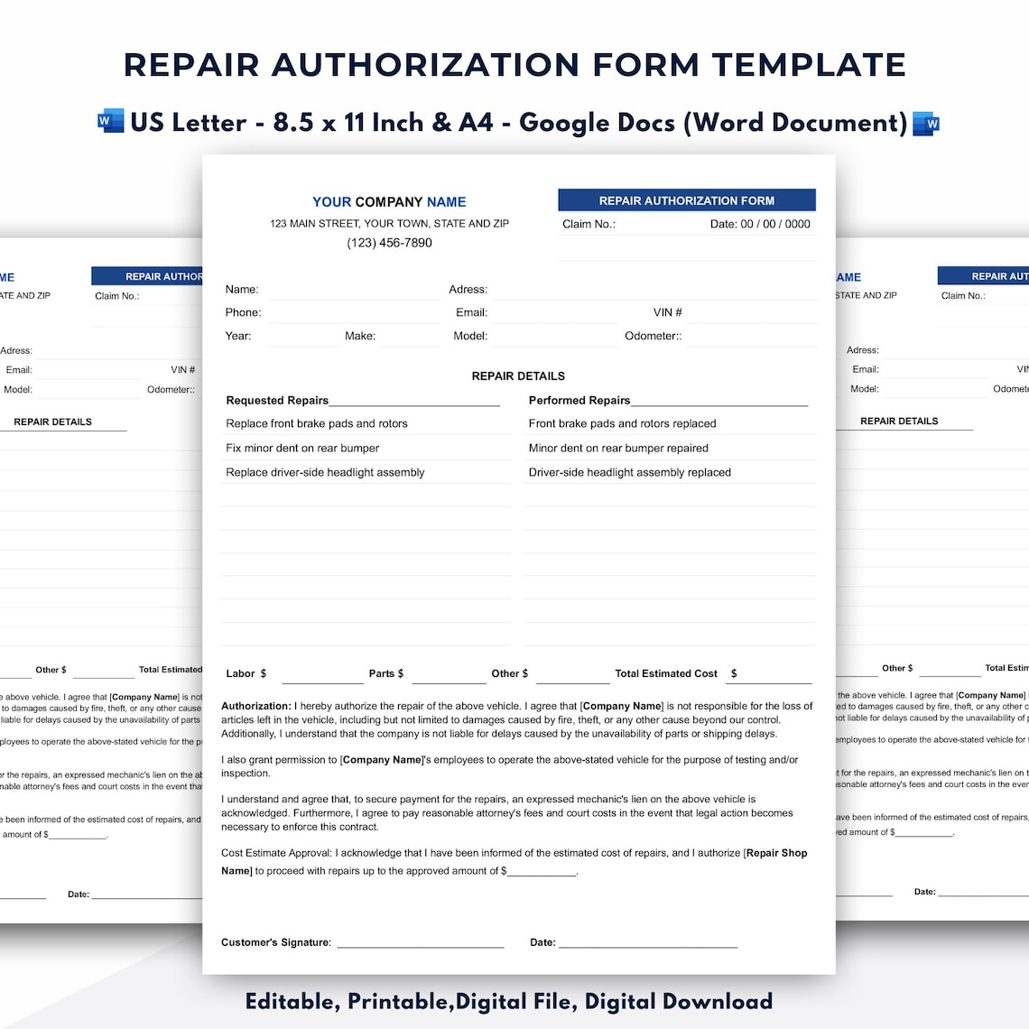 Repair Authorization Form Template, Editable Automotive Service Consent ...