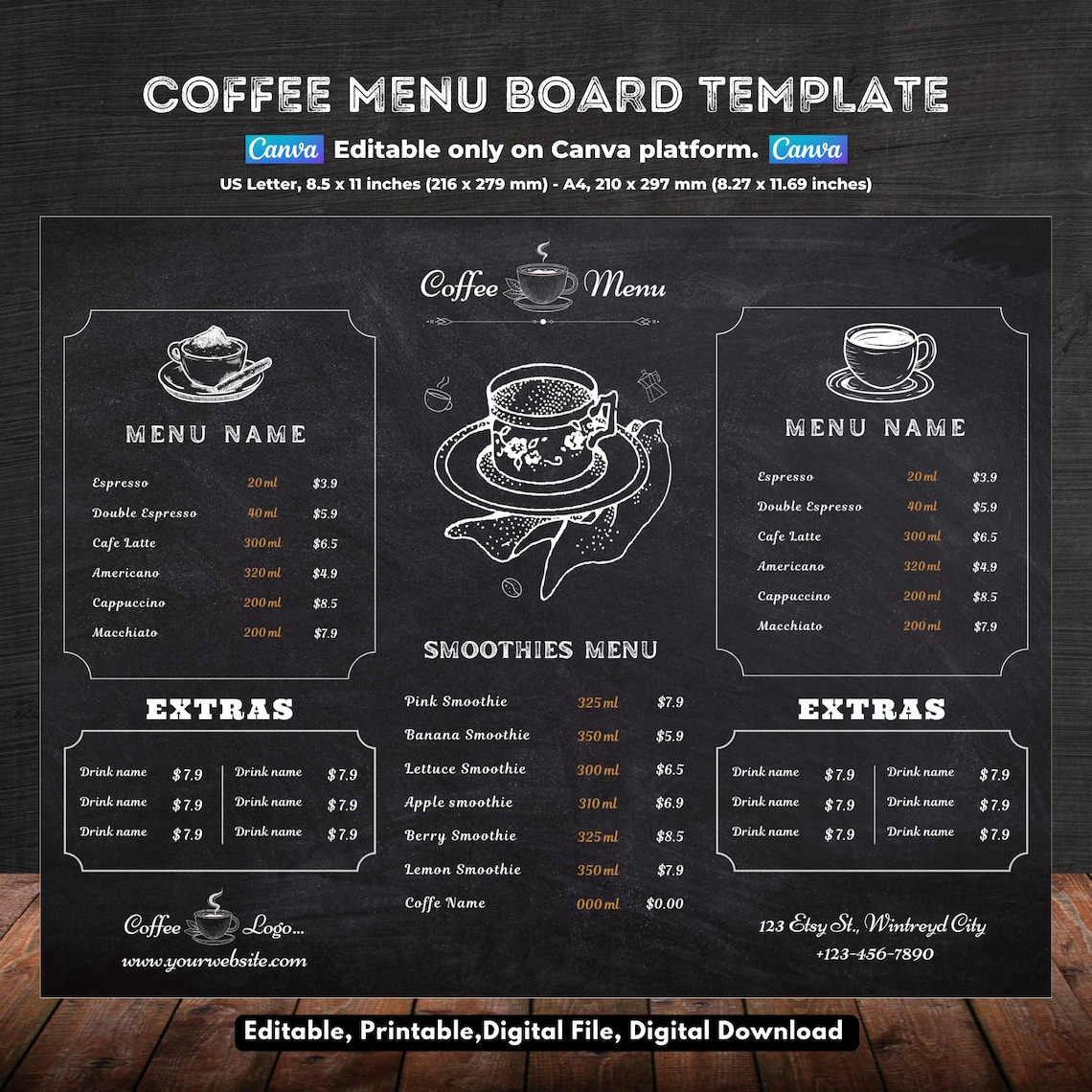 Coffee Menu Board Template, Cafe Menu, Editable, Printable and ...