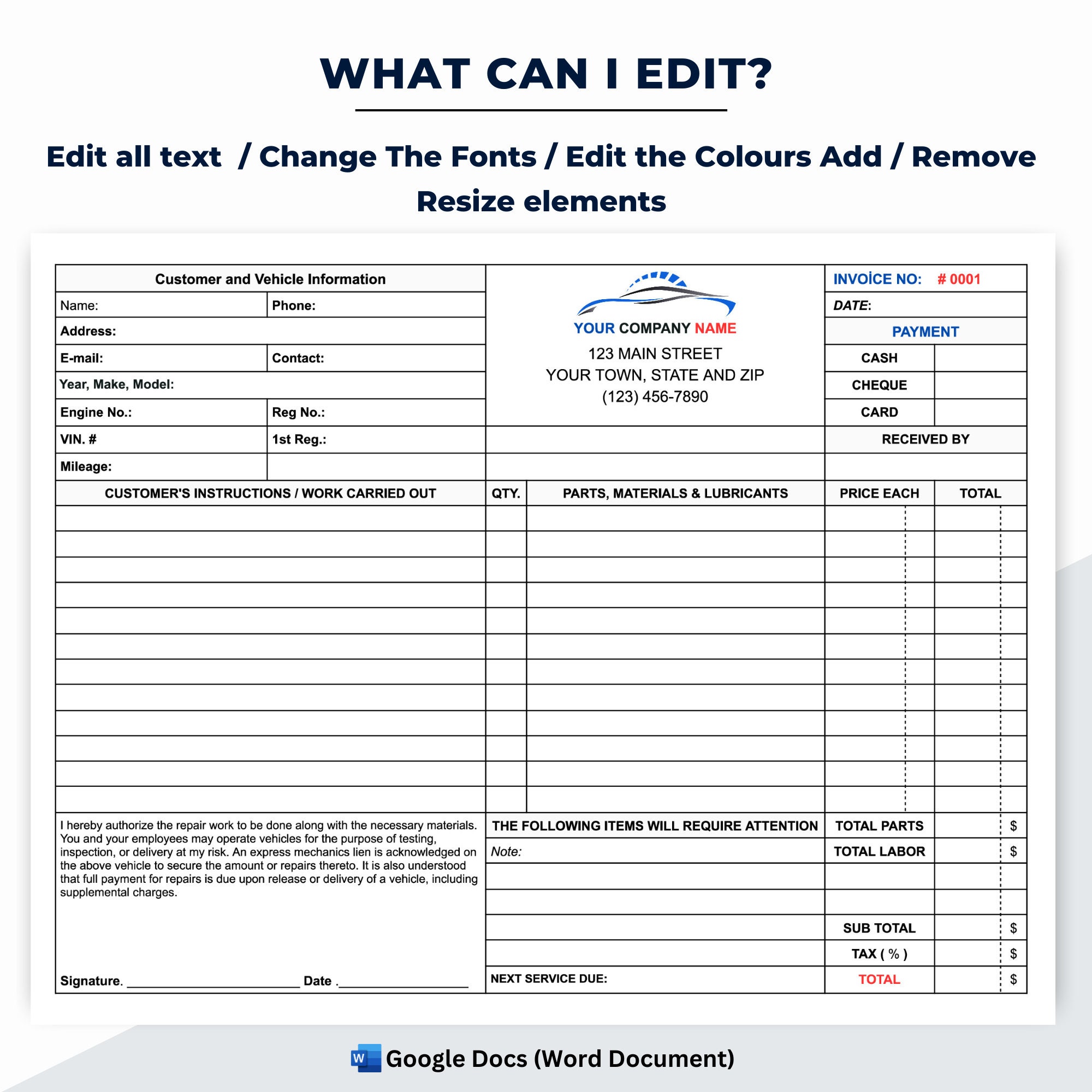 Auto Repair Invoice Template - Editable & Printable #001 - Etsy