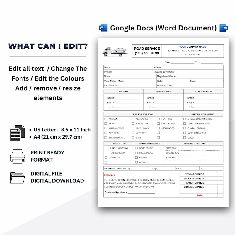 Road Service Invoice Template, Towing Register Form, Editable Google ...