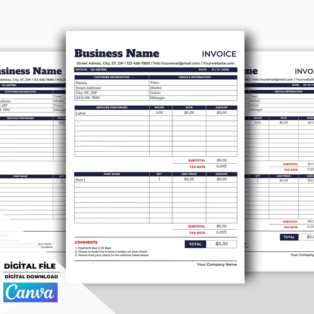 Auto Repair Invoice, Automotive Service Invoice Template, Basic ...