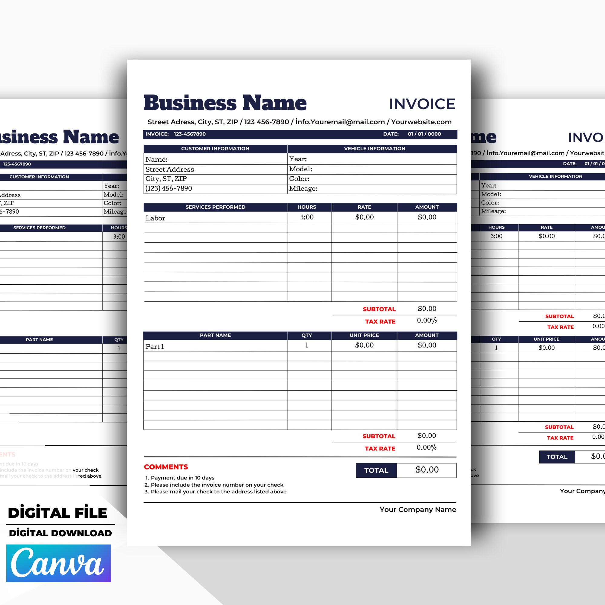 Auto Repair Invoice, Automotive Service Invoice Template, Basic ...