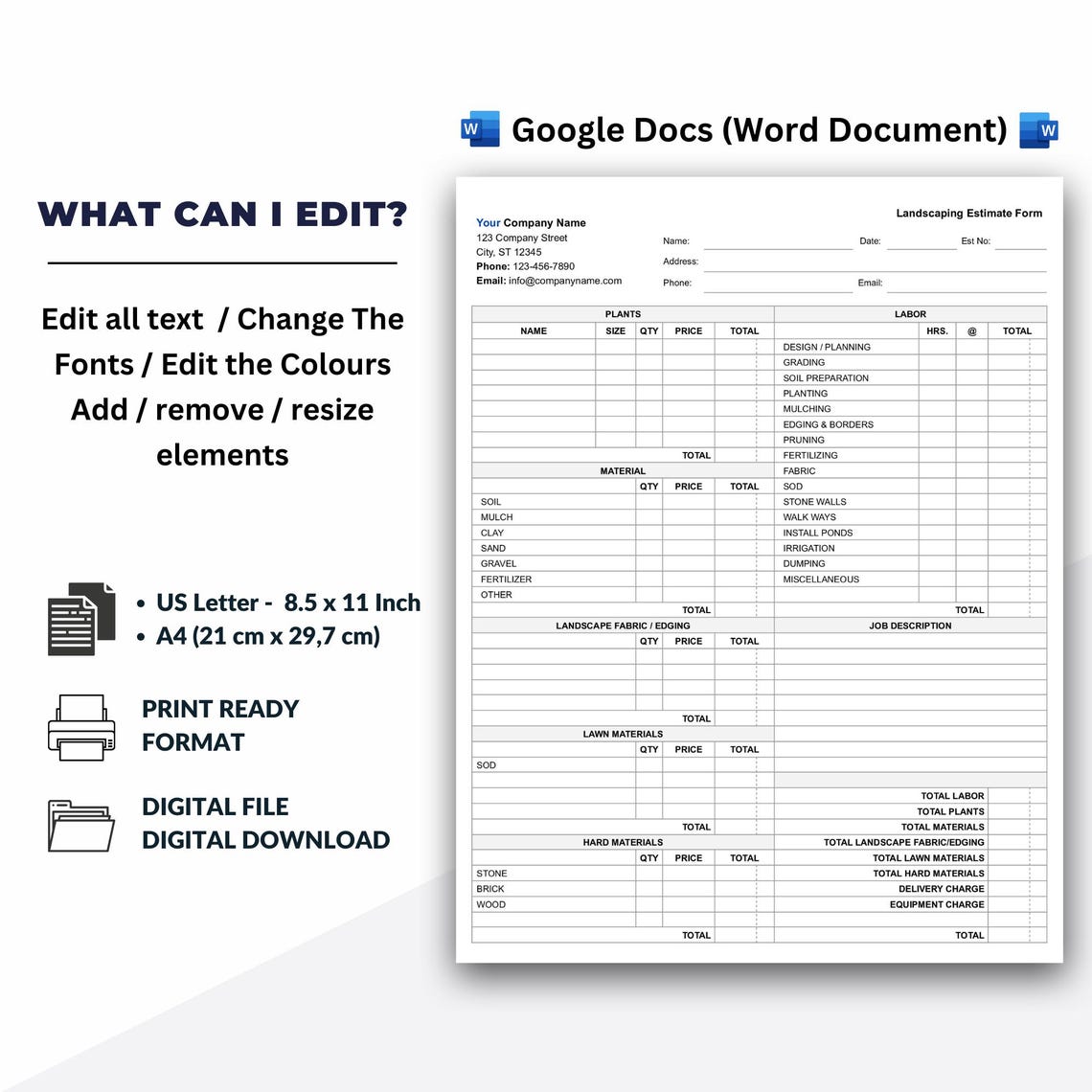 Landscaping Estimate Form Template, Google Docs (word Document) - Etsy
