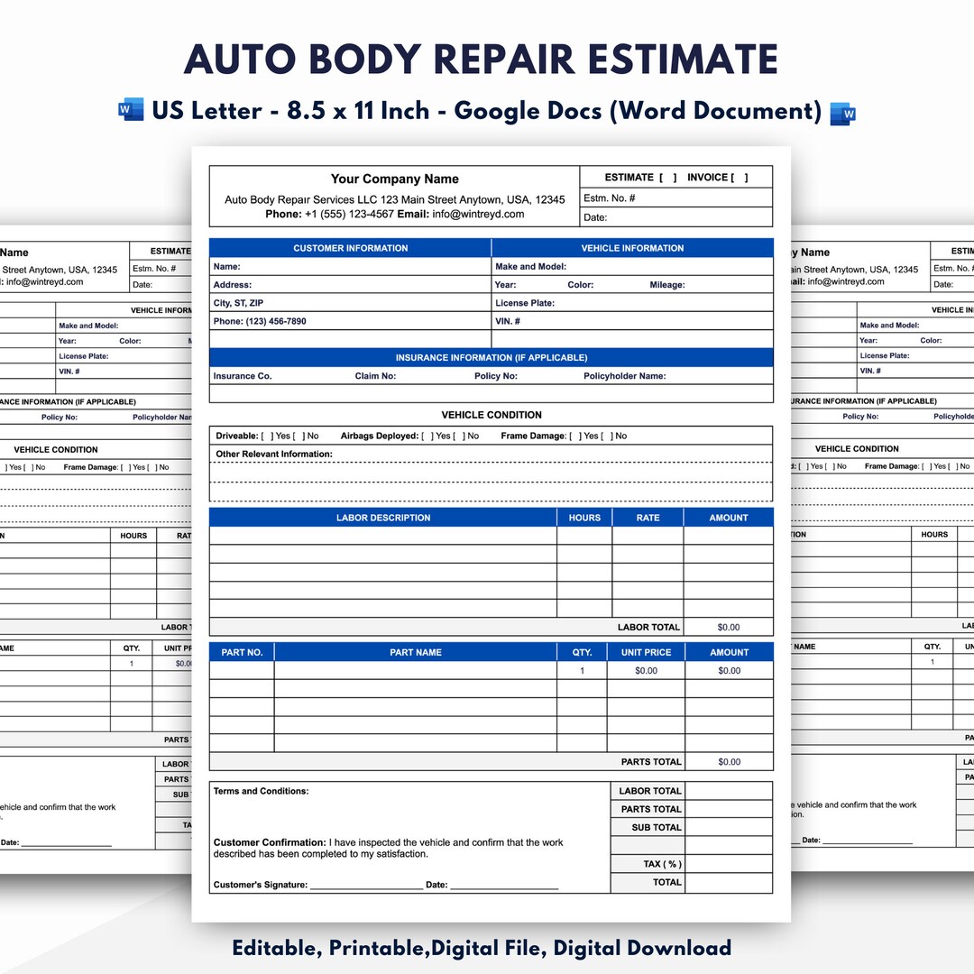 Auto Body Repair Estimate Template: Editable Form (google Docs) - Etsy