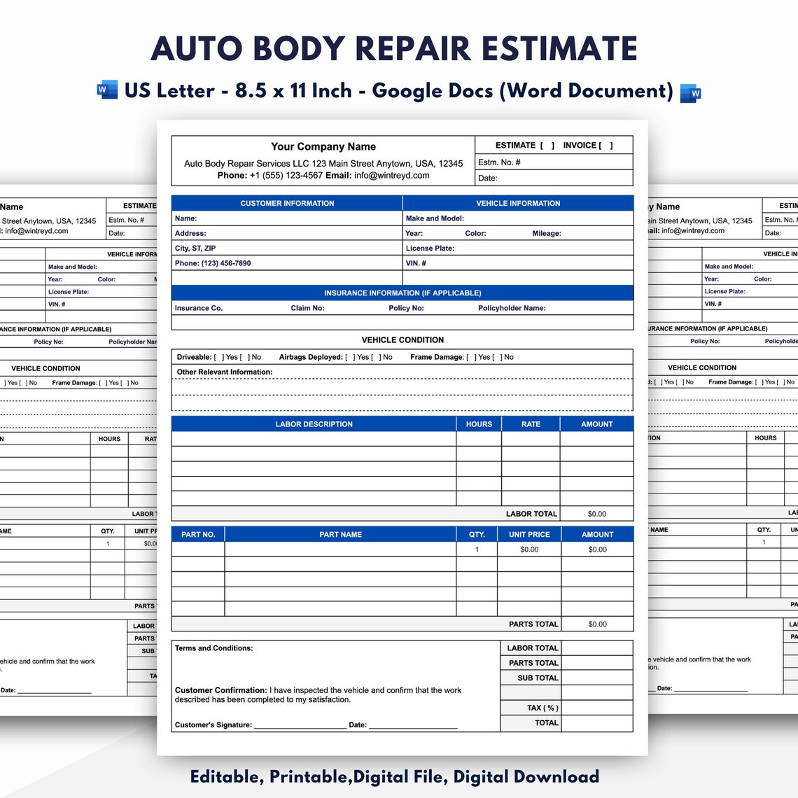 Auto Body Repair Estimate, Editable Auto Body Repair Estimate Form ...