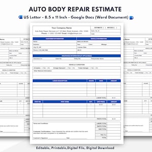 Auto Body Repair Estimate Template: Editable Form (google Docs) - Etsy